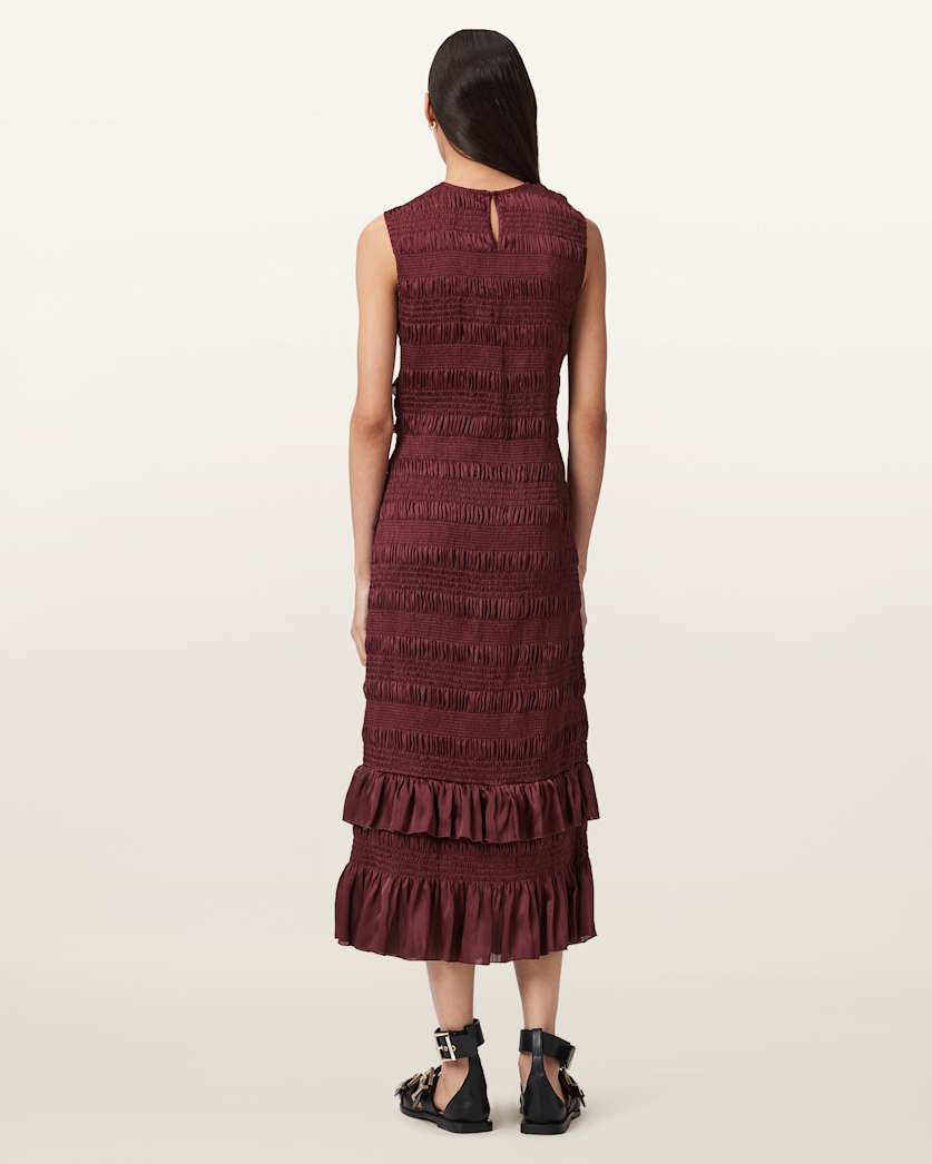 Nyla Ruffled Midi Dress TAWNY PORT RED | ALLSAINTS